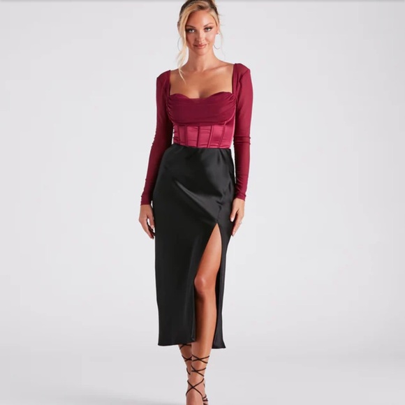 Windsor | Tops | Sultry Swoon Satin Mesh Corset Maroon Color | Poshmark